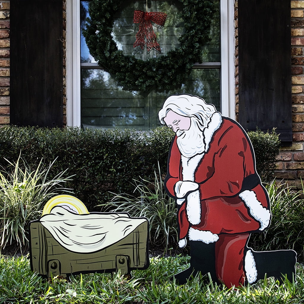 Teak Isle Kneeling Santa Outdoor Nativity Set | Weatherproof Santa ...