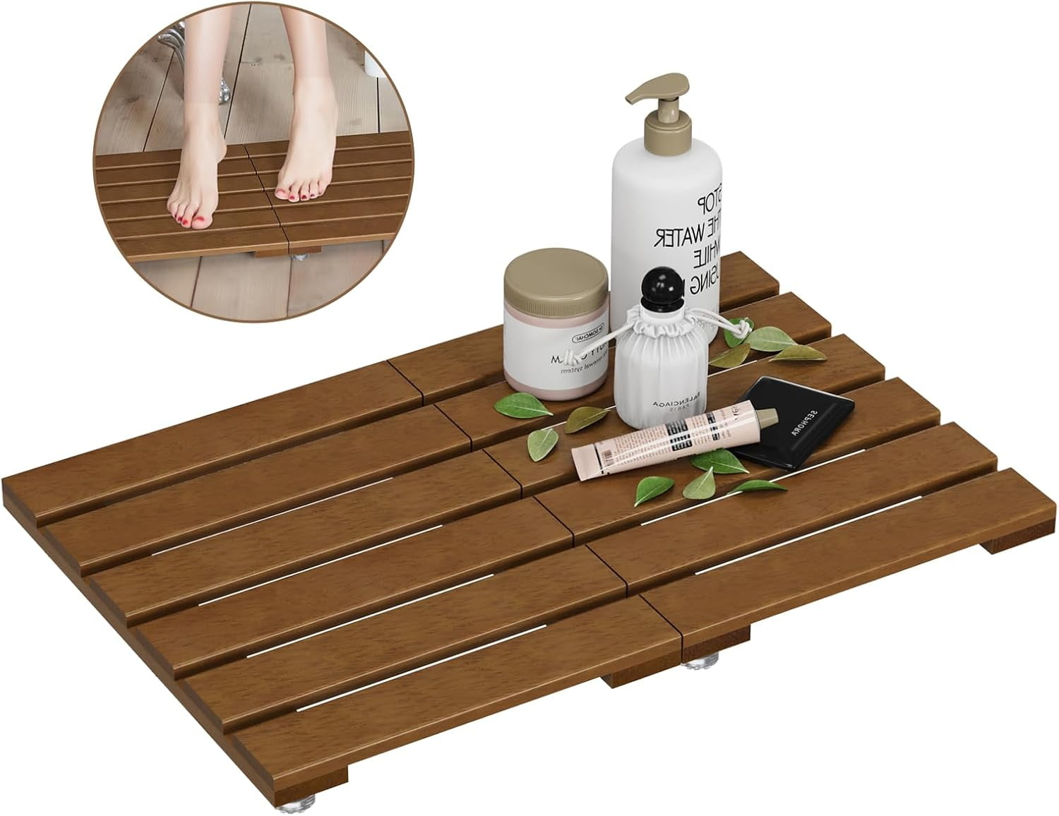 Teak Shower Mat, Foldable Teak Bath Mat, 19.7"x13.0" Wood Bath Mat ...