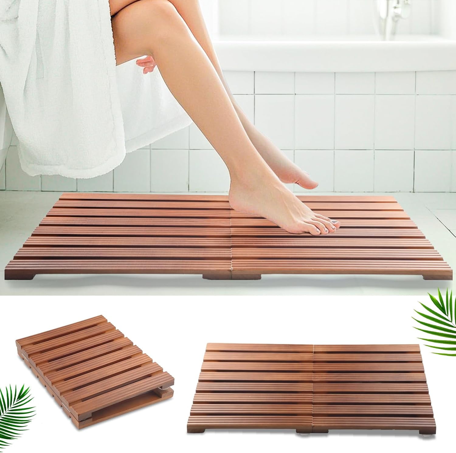 Teak Shower Mat, Foldable Luxury Wooden Shower Mat for Bathroom, Non ...