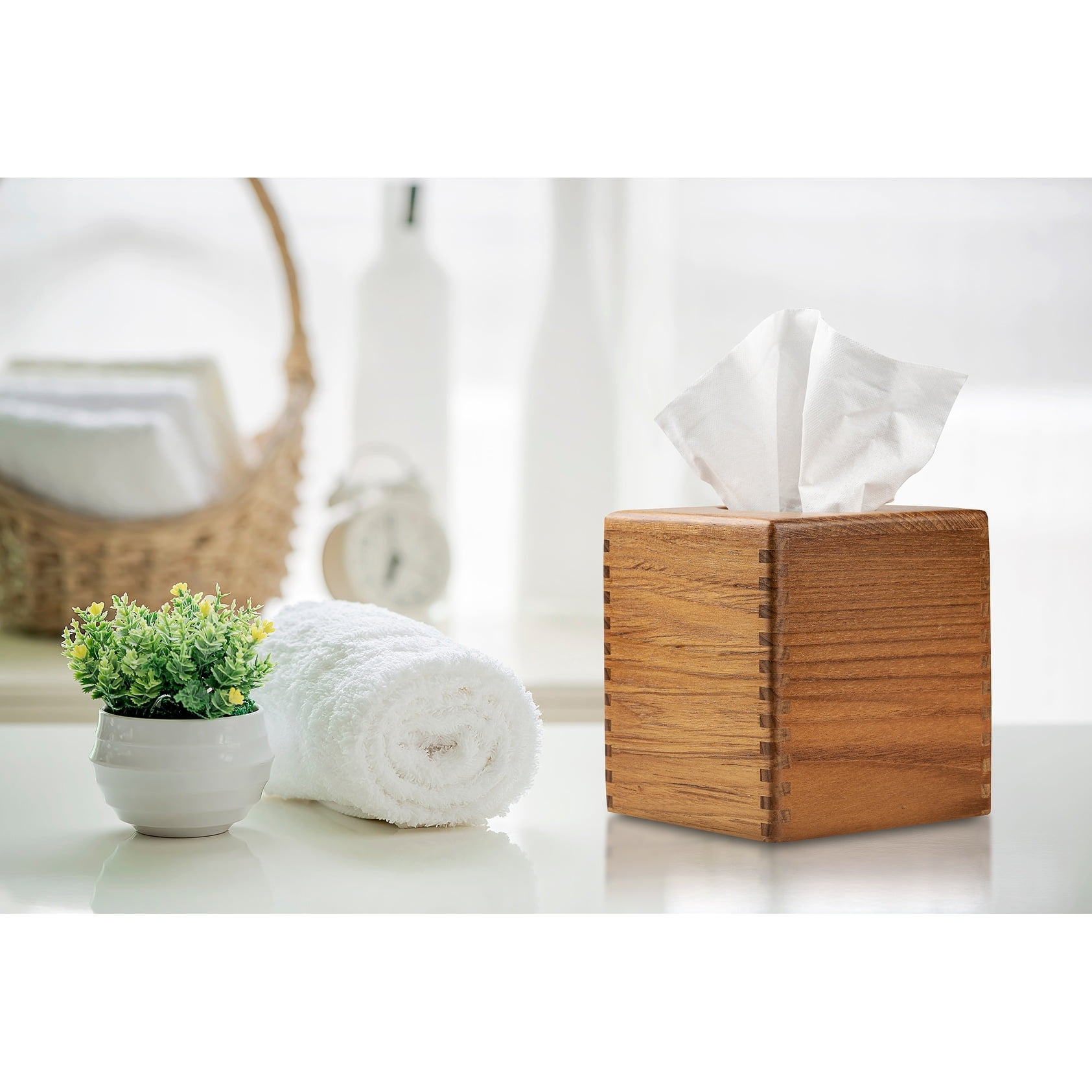 Teak Tissue Box Cover - 5-1/4" W x 5-5/8" H x 5-1/4" D - Walmart.com