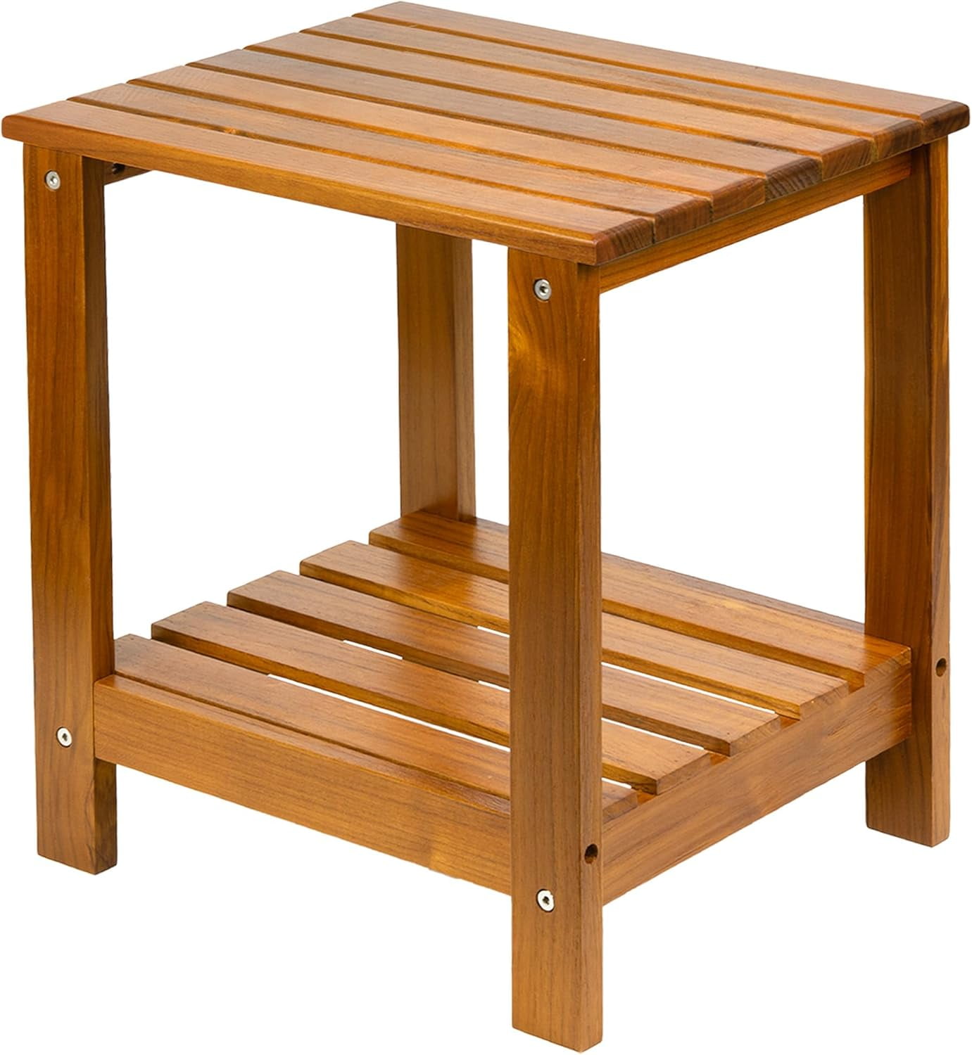 Teak Wood End Table with Storage Shelf, 2-Tier Side Table, Shower ...