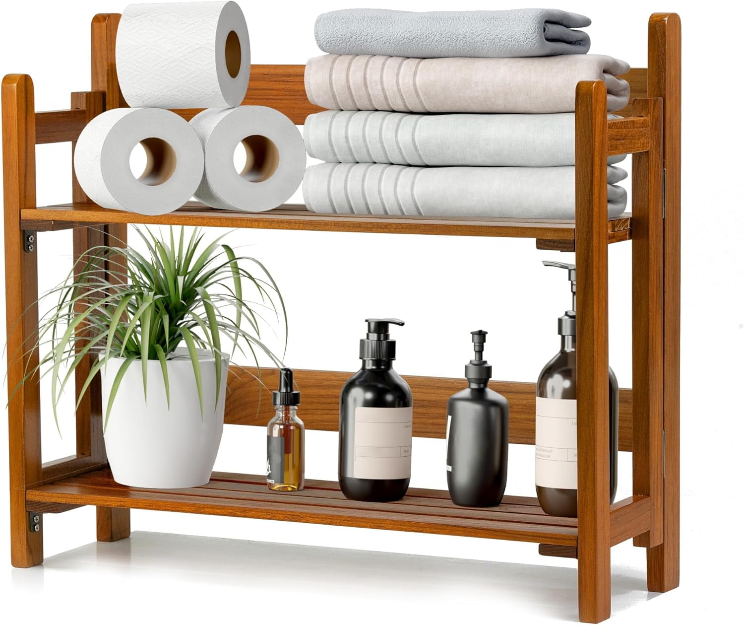 Teak Wood Floating Shelves Bathroom, Foldable Wooden Rack Wall Mount, 2 ...