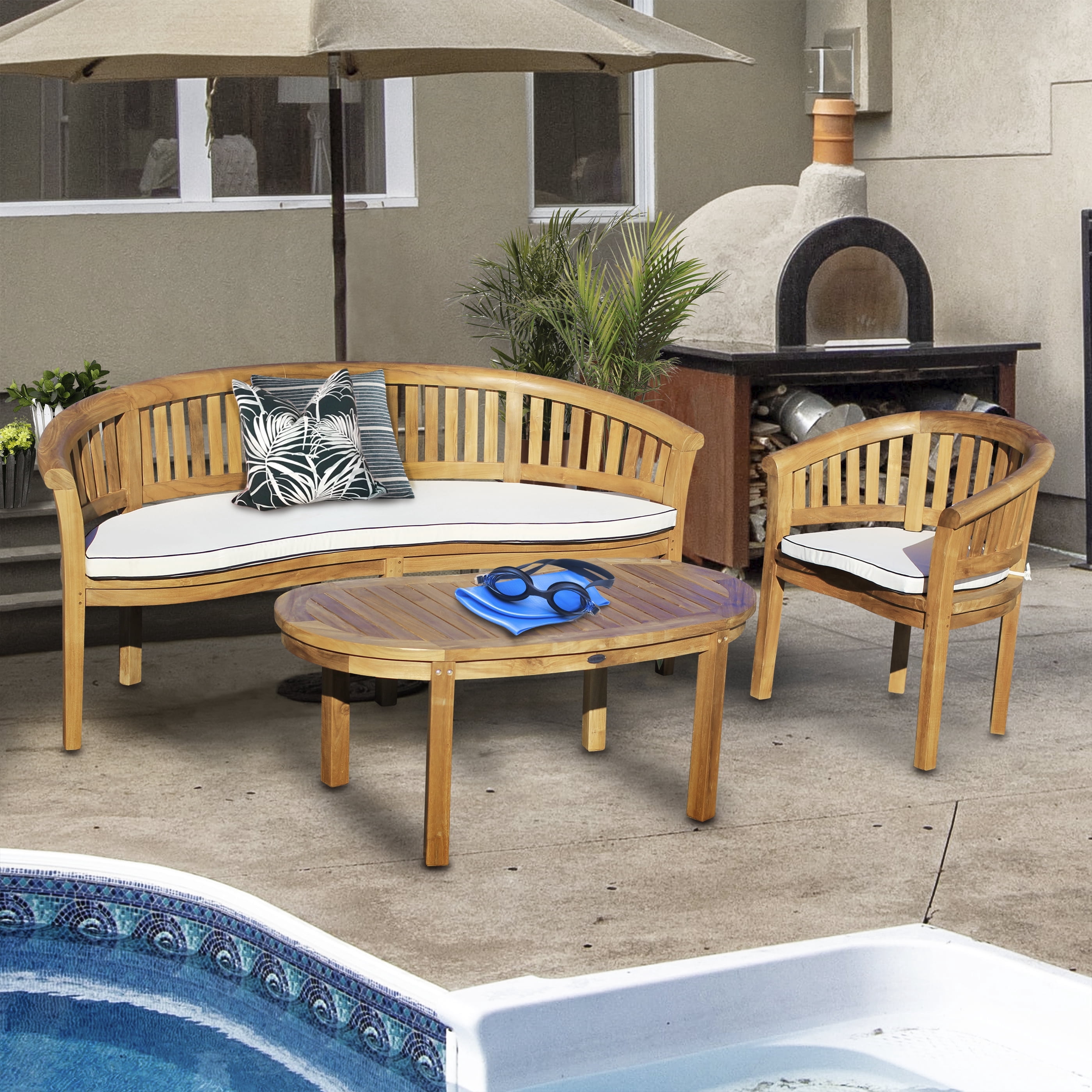 Teak Wood Peanut 3 Piece Outdoor Patio Lounge Set, Triple Bench, Chair ...