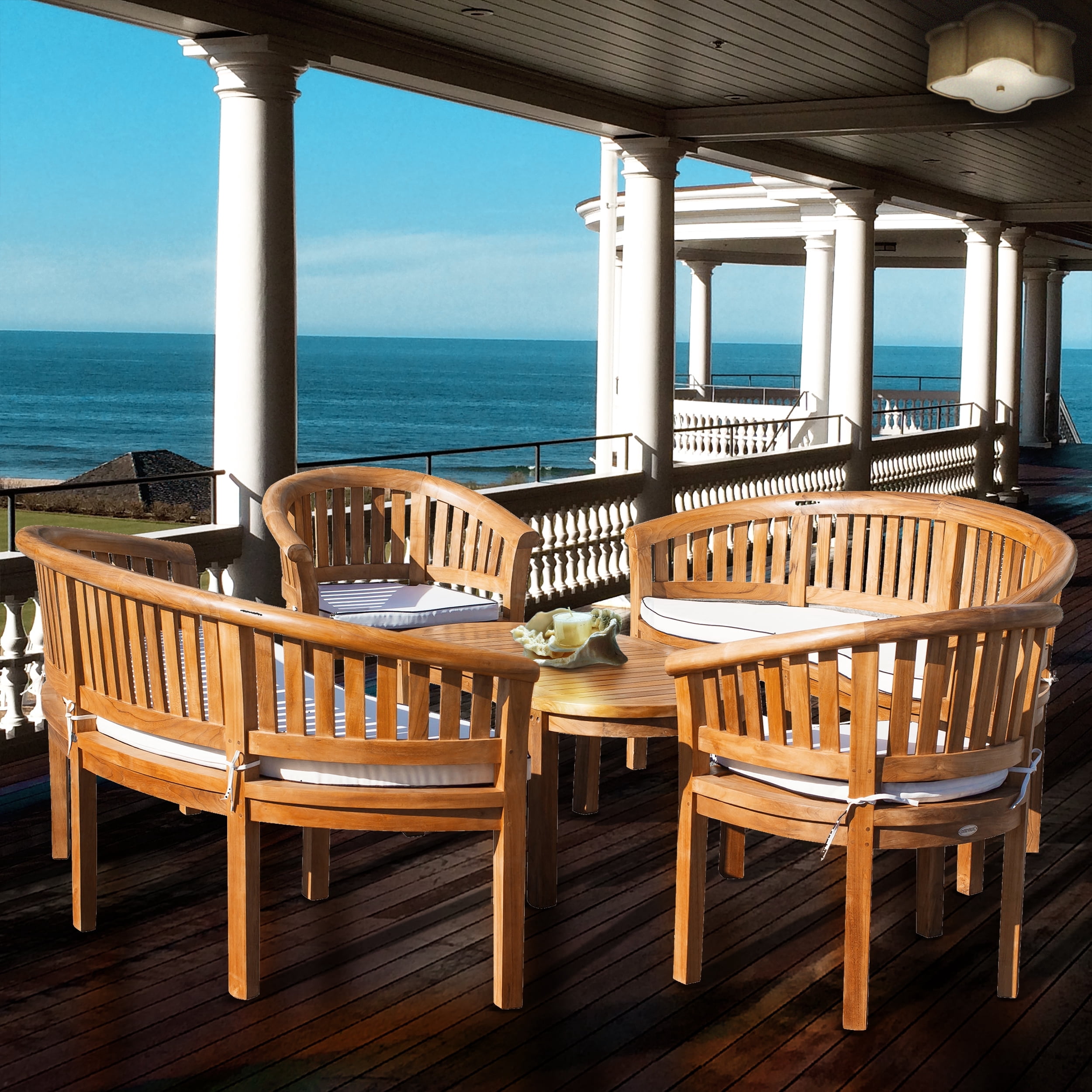 Teak Wood Peanut 5 Piece Outdoor Patio Lounge Set, Double Bench, Triple ...