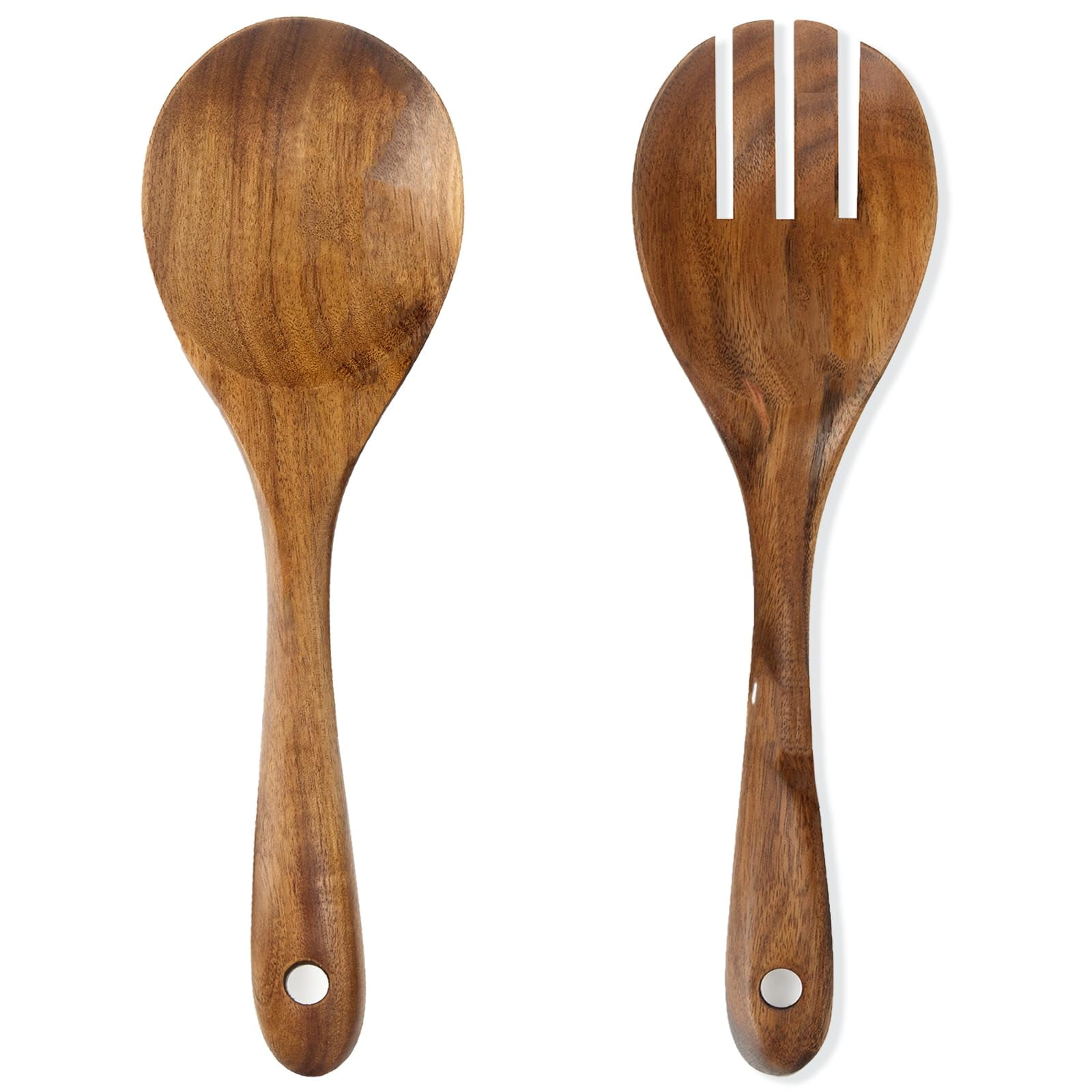 Teak Wood Salad Serving Spoon and Spork 13-Inch, Large Wooden Salad ...