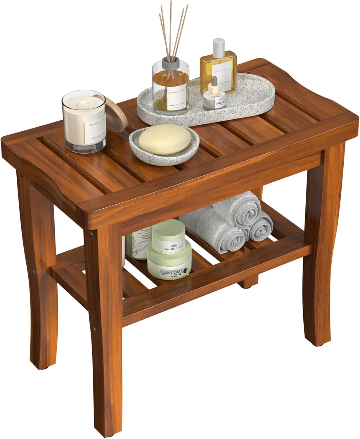 Teak Wood Shower Bench Stool with Storage Shelf, Wooden Waterproof ...