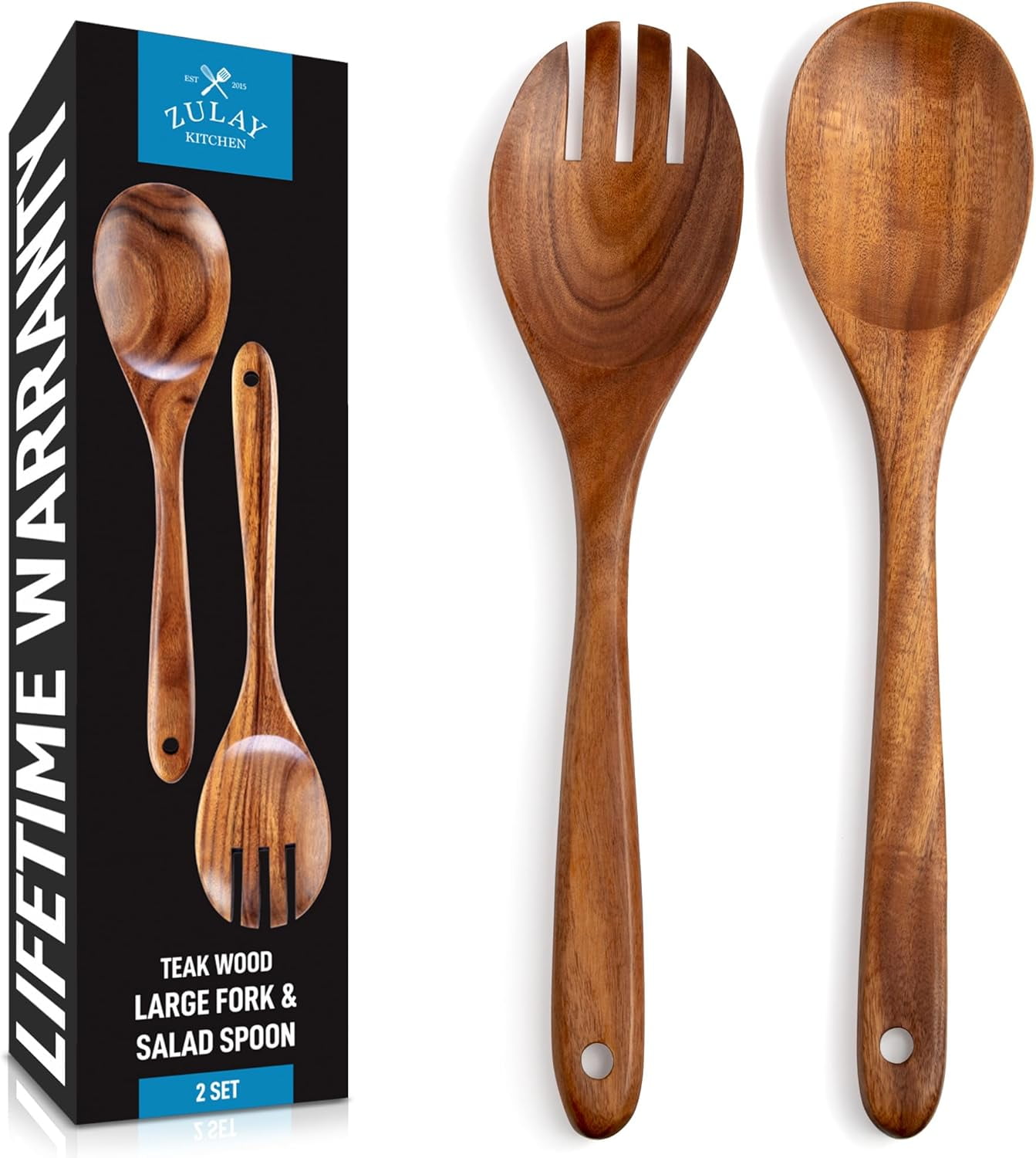 Teak Wood Utensil Set – 2 Piece Large Wooden Salad Serving Spoon and ...