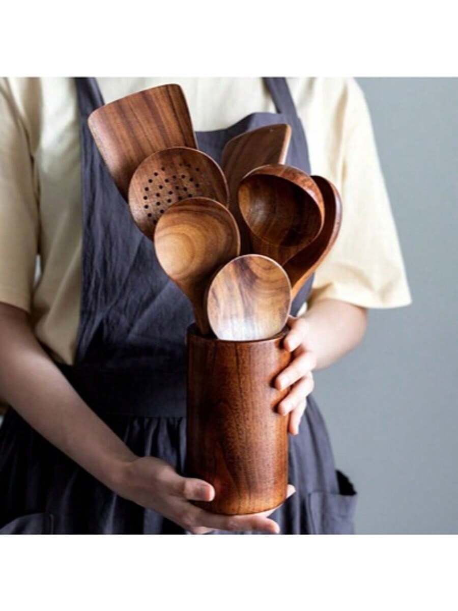 Teak Wooden Kitchen Utensil Set 5-Piece Organic Wood Cooking Spoons ...