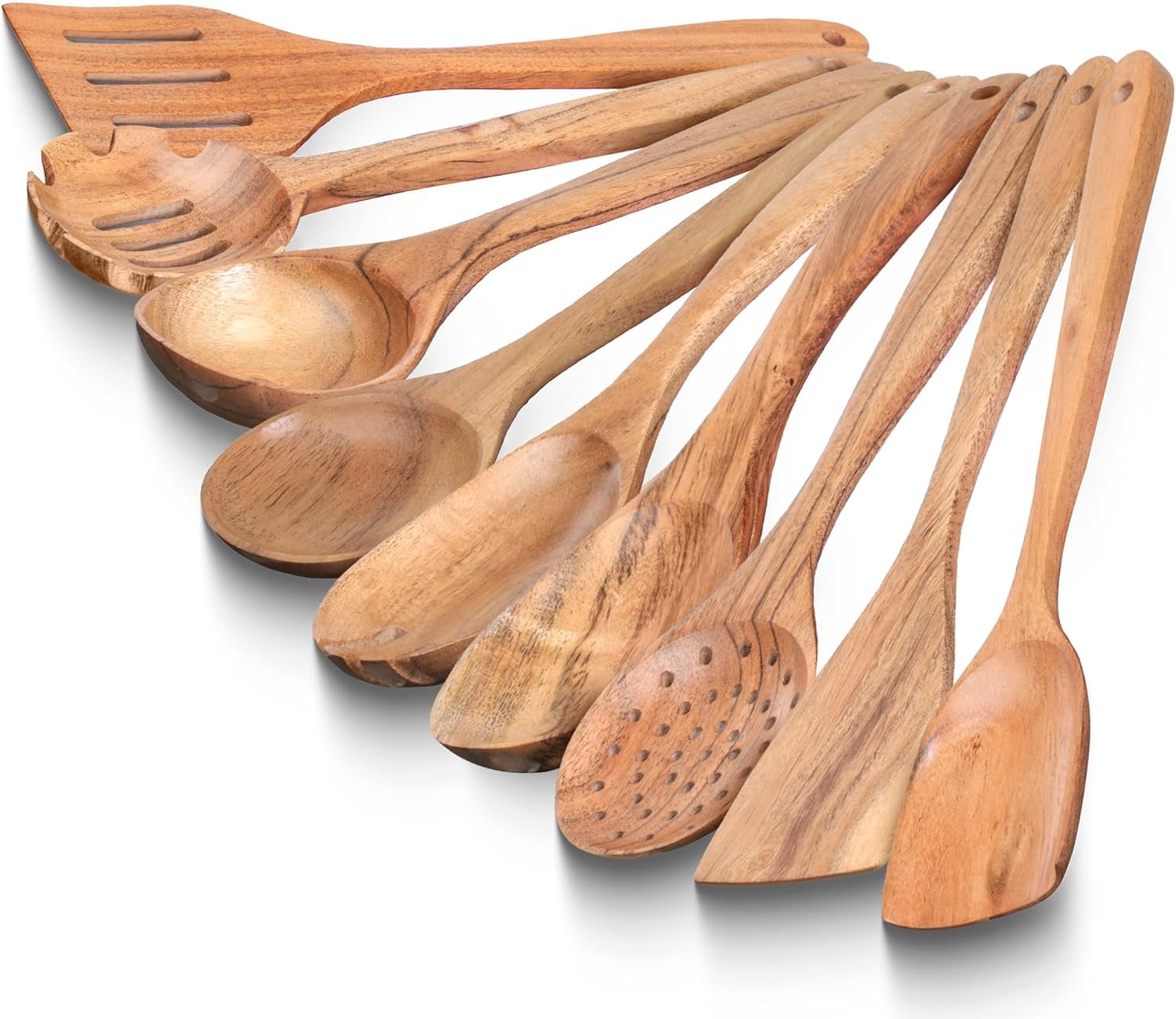 Teak Wooden Spoons for Cooking - 9- Kitchen Utensils Set, Durable ...