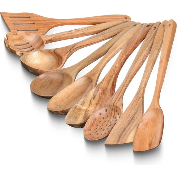 Teak Wooden Spoons for Cooking - 9- Kitchen Utensils Set, Durable ...