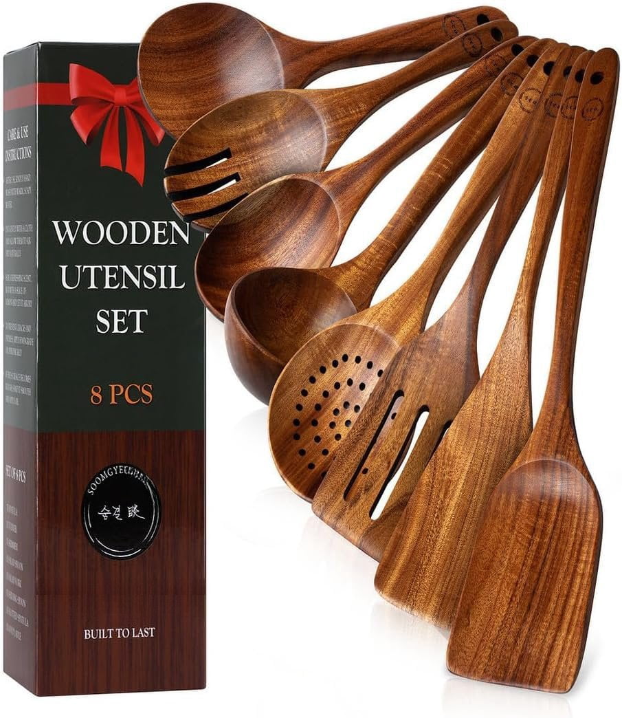 Teak Wooden Utensil Set - 8 count Durable Kitchen Spoons for Cooking ...
