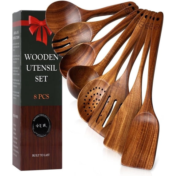 Teak Wooden Utensil Set - 8 count Durable Kitchen Spoons for Cooking ...