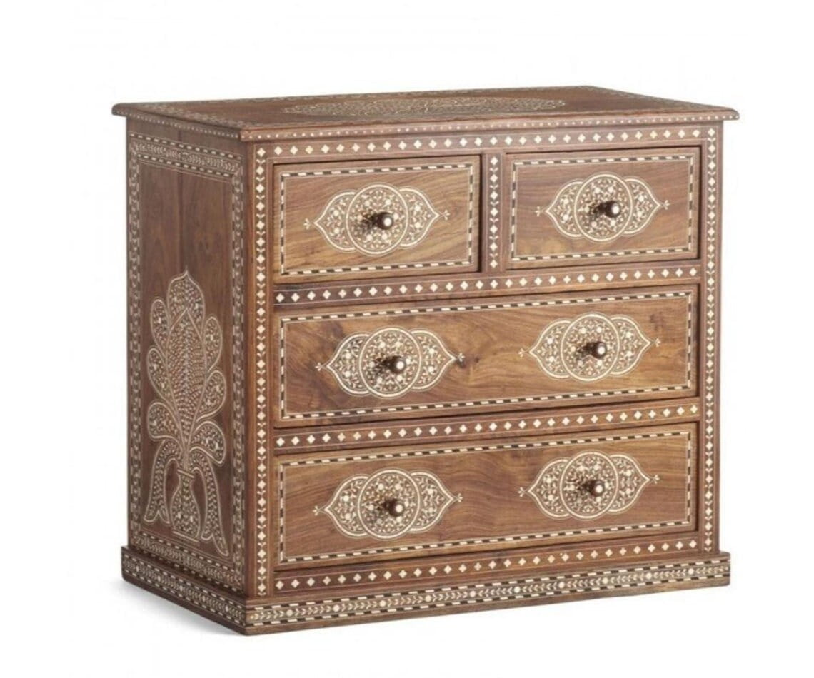 Teakwood Bone Inlaid Chest of 4 Drawers, Bone inlay commode, Bone inlay ...