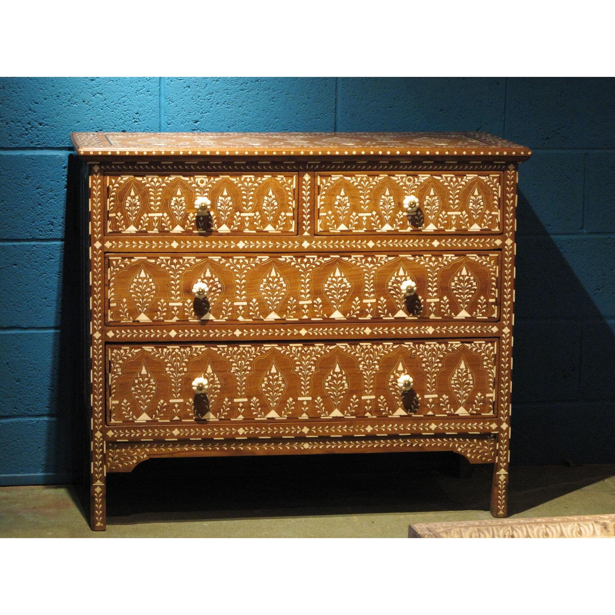 Teakwood Bone Inlaid Chest of Drawers, Bone inlay commode, Bone inlay ...