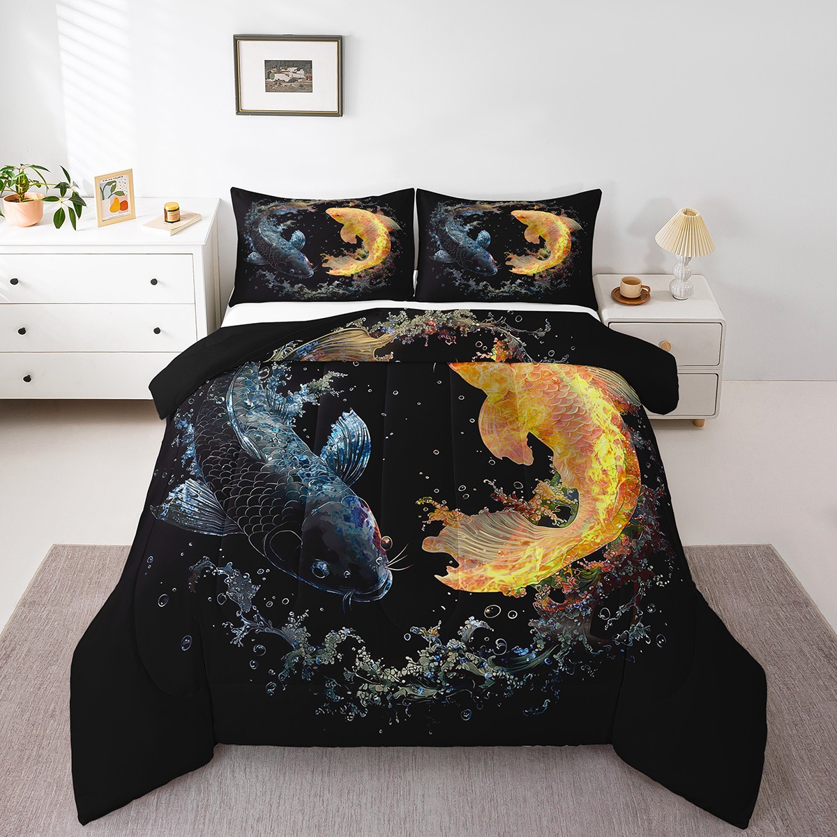 Teal 3D Fish Bedding King,Fish Scales Wildlife Comforter Set Teens ...