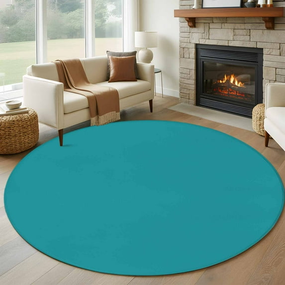 Teal 8ft Round Rug, Farmhouse Solid Turquoise Color Modern Art Non-Skid ...