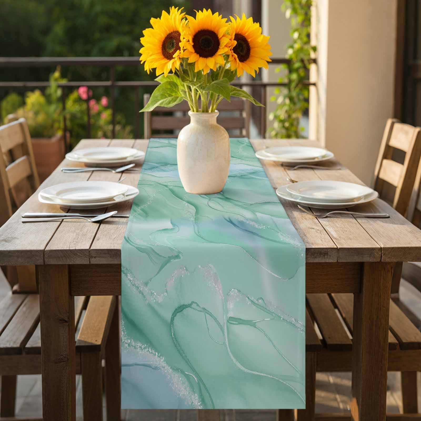 Teal Abstract Marble Texture Table Runner-70 Inch Long Nature Stone ...