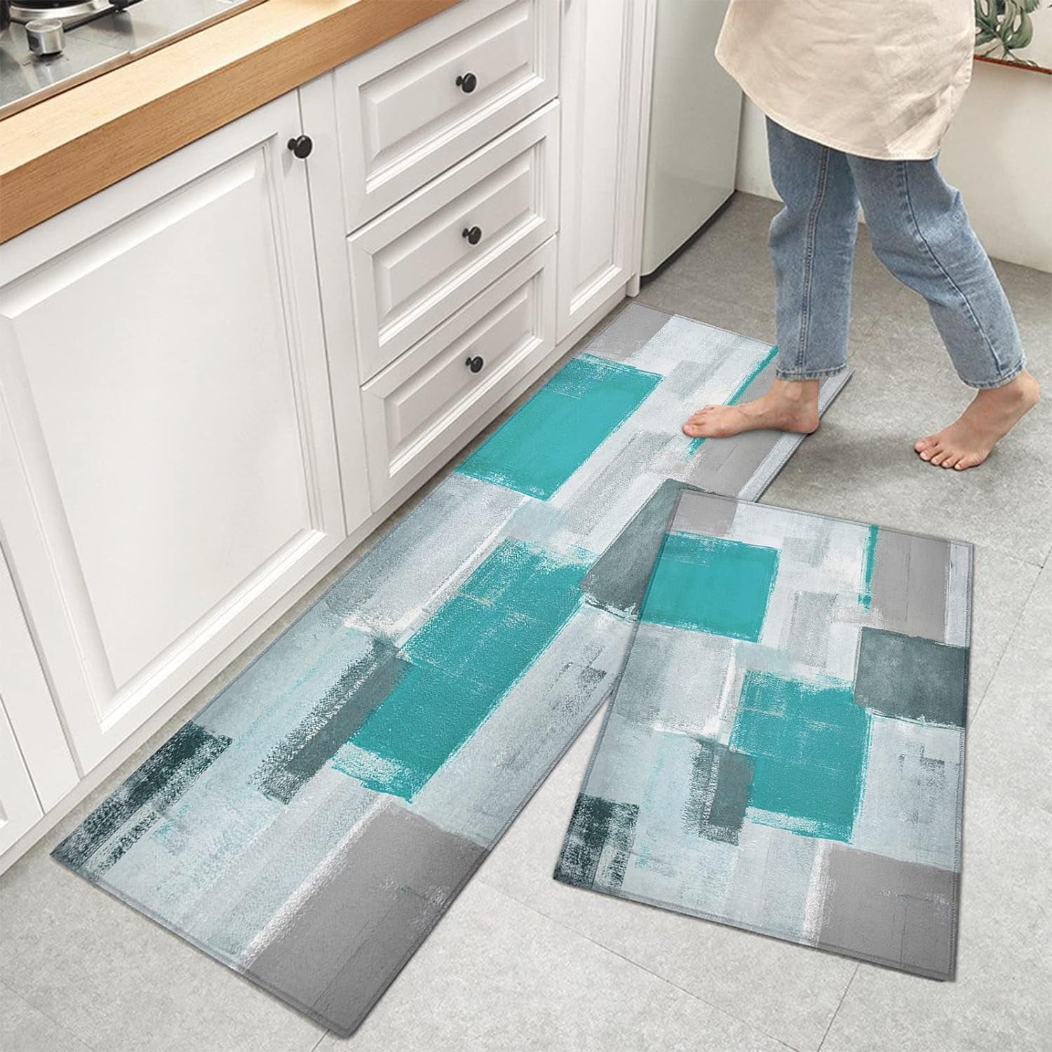 Teal Abstract Painting Turquoise Grey Kitchen Mats for Floor Cushioned ...