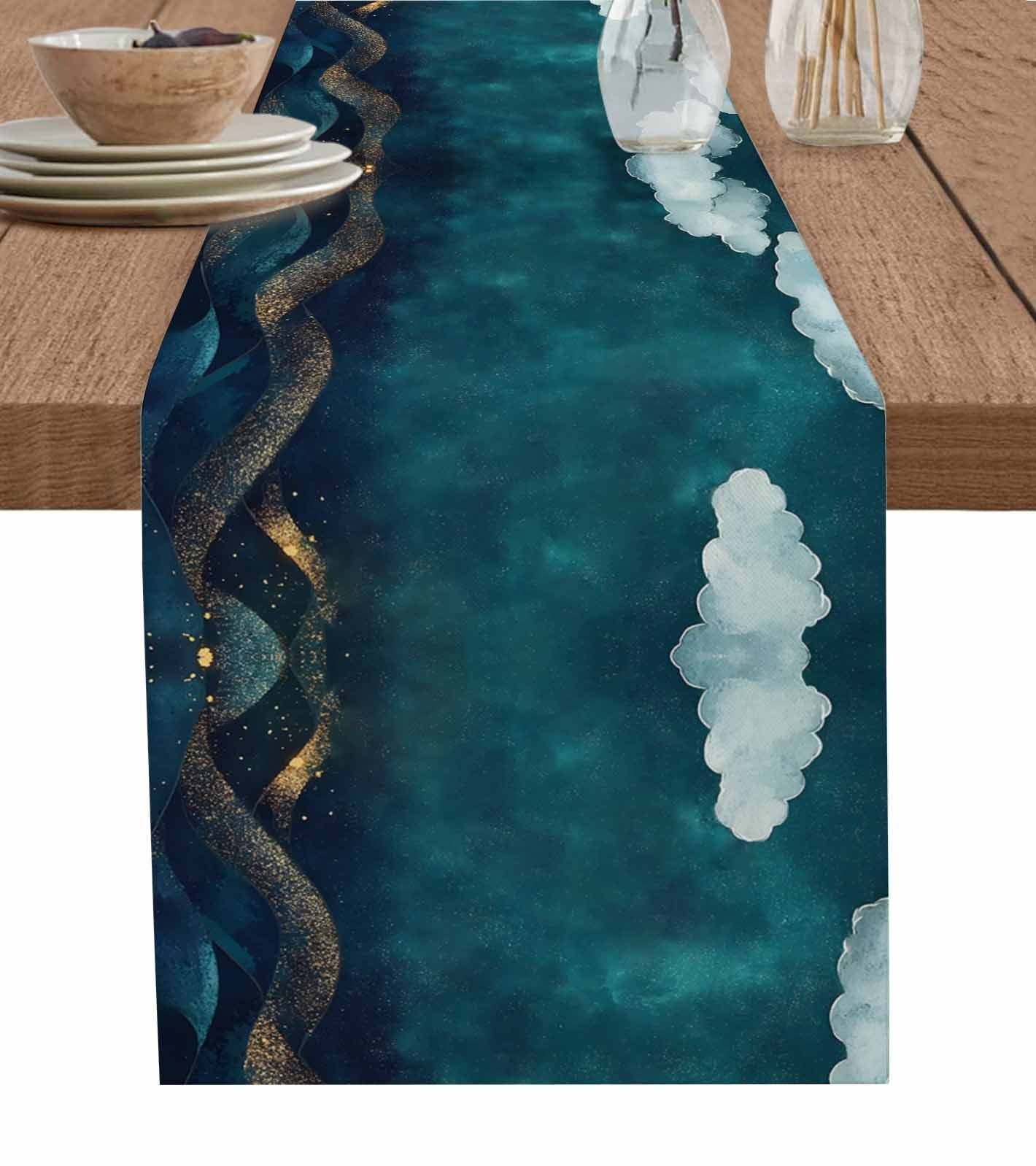 Teal Abstract Table Runner 72 Inches, Watercolor Cloud Scenery Waves ...