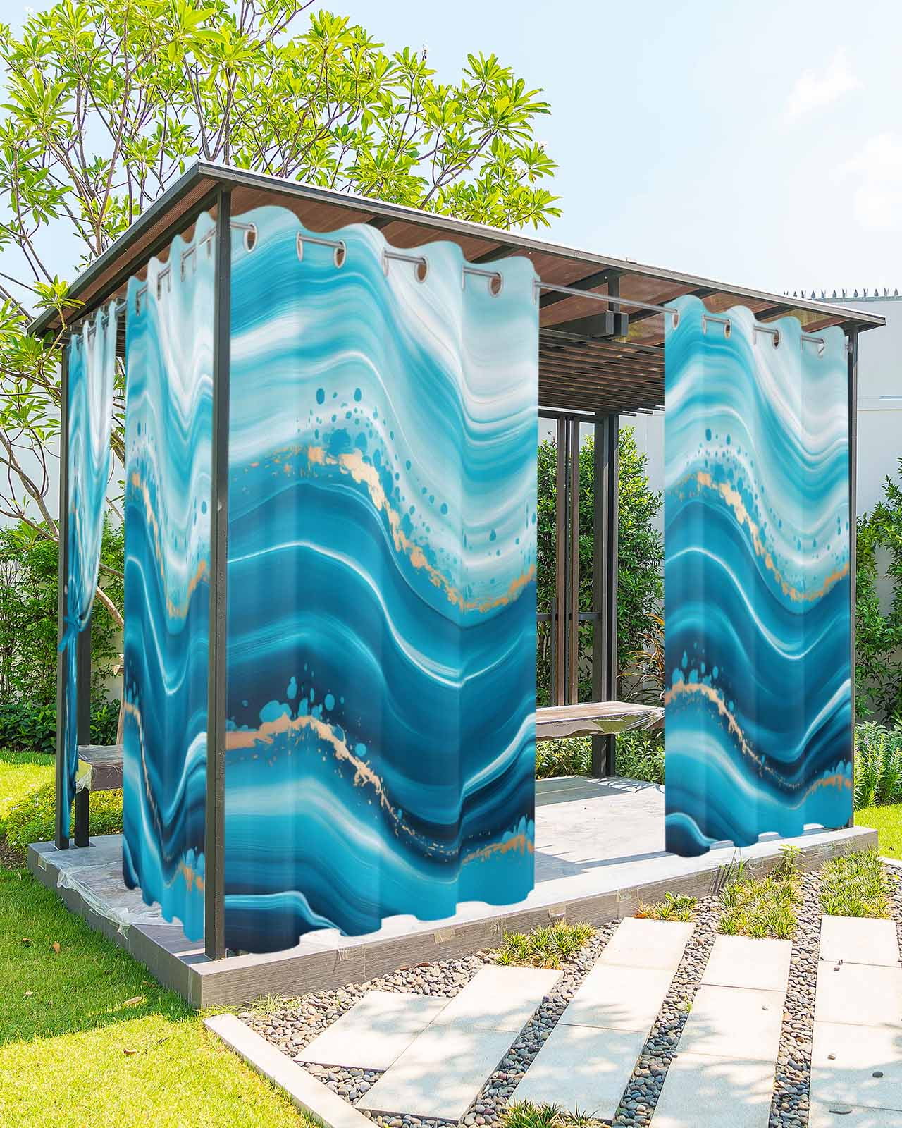 Teal Abstract Waves Outdoor Curtains for Patio, Water Ripple Stripes ...