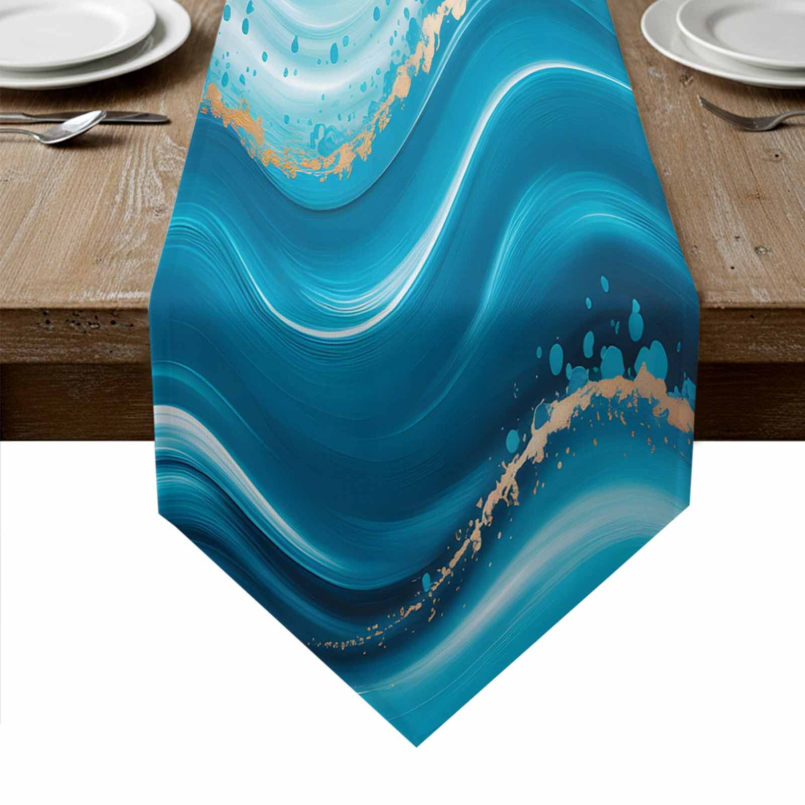 Teal Abstract Waves Table Runner Linen Burlap Table Runner 108 Inches ...