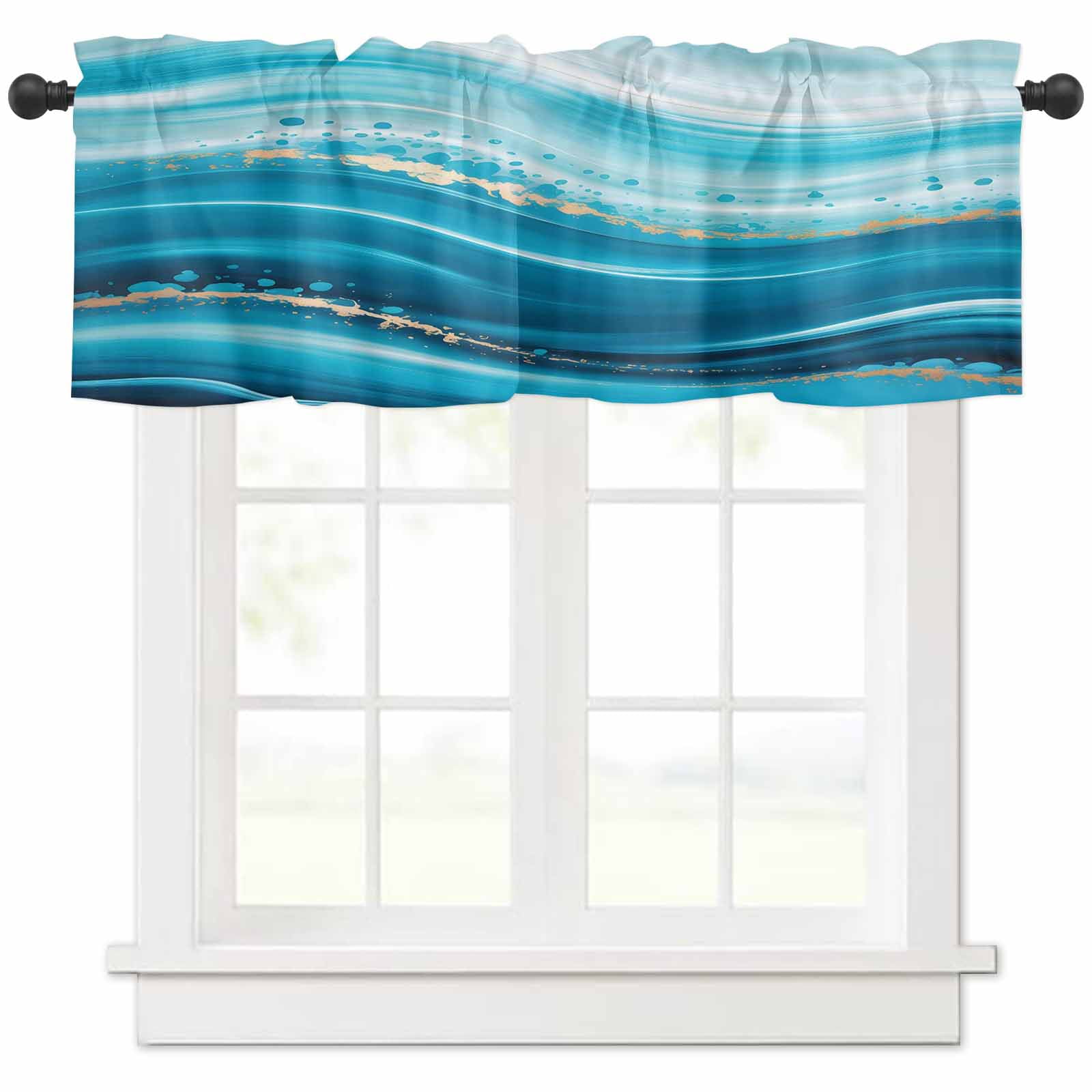 Teal Abstract Waves Valances for Windows Farmhouse Kitchen Curtains ...