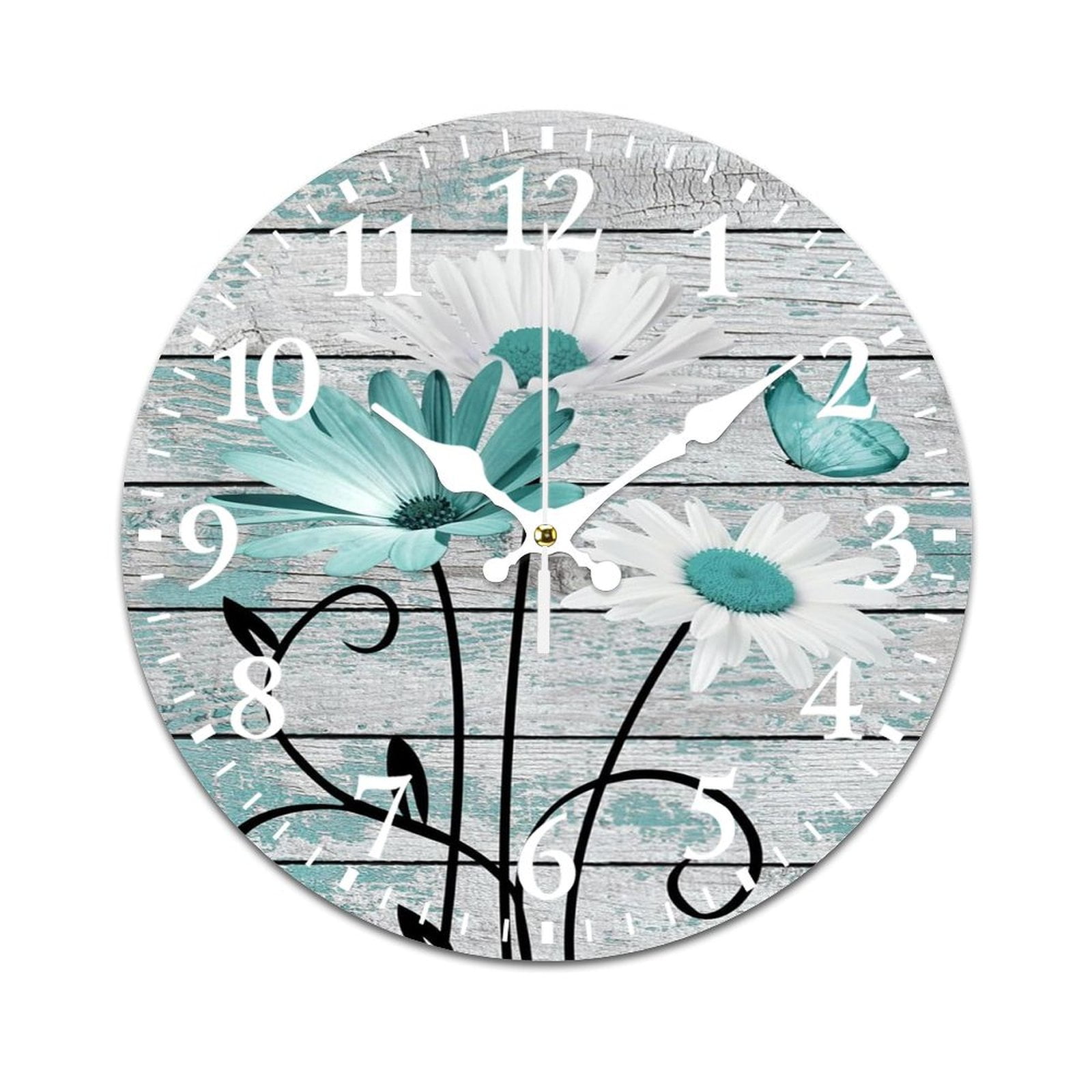Teal And White Daisy Flower And Butterfly Wall Clock Modern Design ...