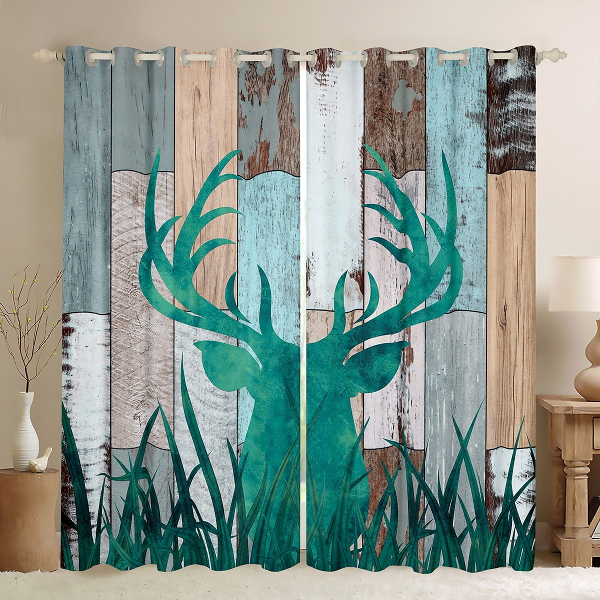 Teal Antler Blackout Curtains Elk Deer Rustic Curtains & Drapes ...