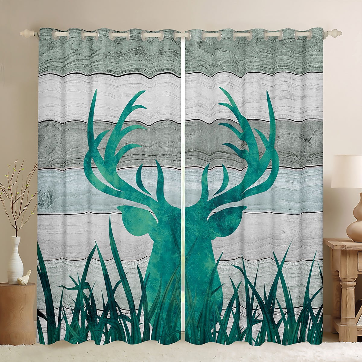 Teal Antler Blackout Curtains Elk Deer Rustic Curtains & Drapes ...