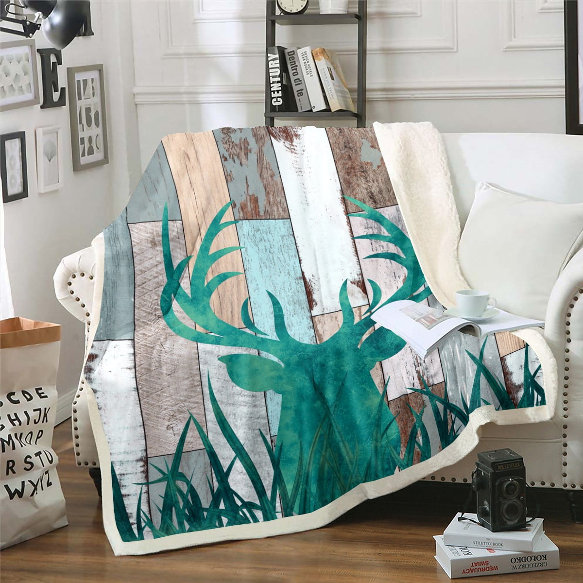Teal Antler Blanket 90"x90" Elk Deer Silhouette Rustic Throw Blanket ...