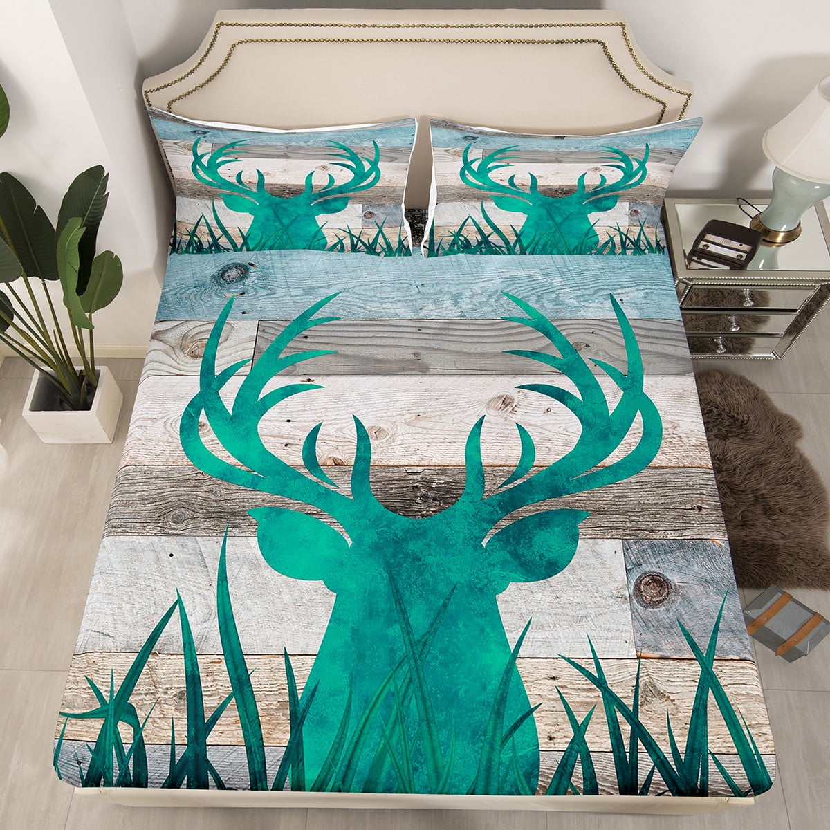 Teal Antler Fitted Sheet Queen Elk Deer Silhouette Rustic Bed Sheets ...
