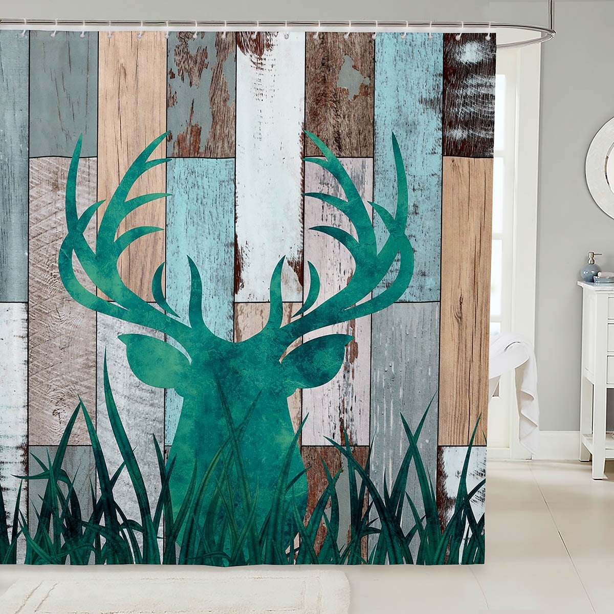 Teal Antler Shower Curtain Elk Deer Silhouette Rustic Bath Curtain ...