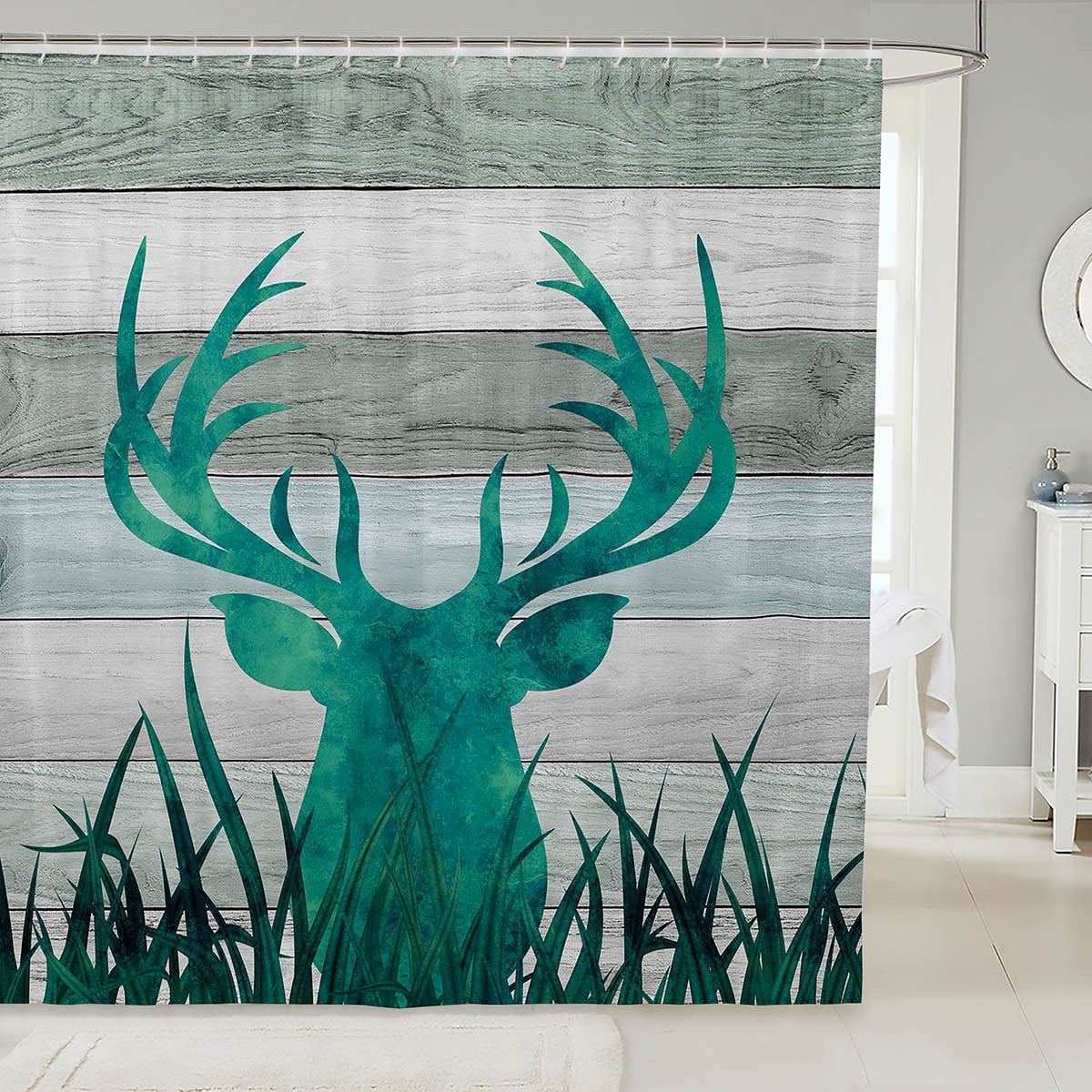 Teal Antler Shower Curtain Elk Deer Silhouette Rustic Bath Curtain ...