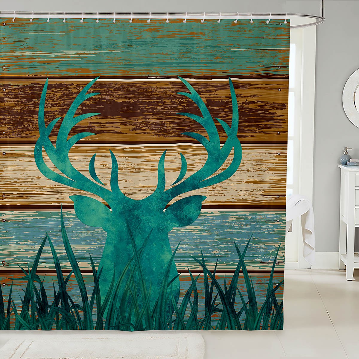 Teal Antler Shower Curtain Elk Deer Silhouette Rustic Bath Curtain ...
