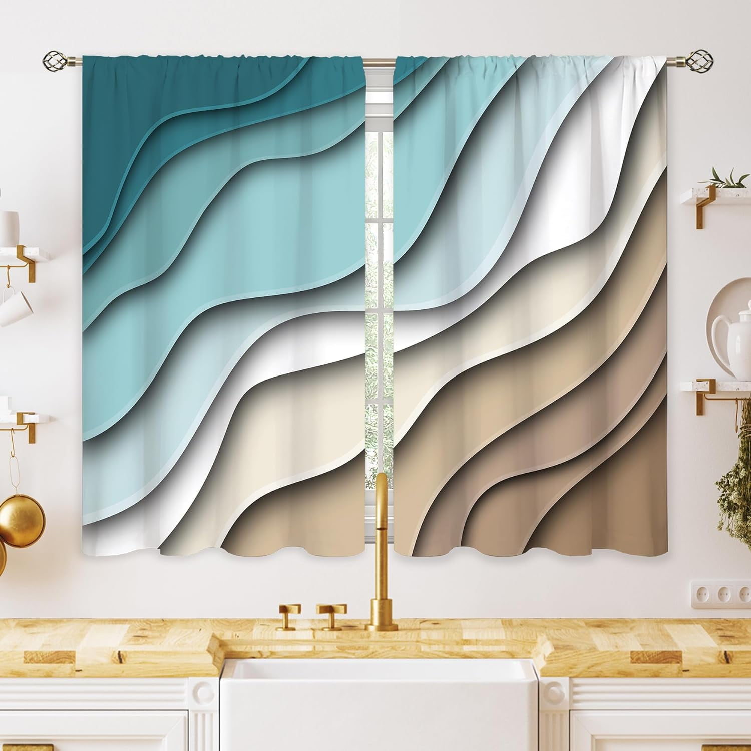 Teal Aqua Blue Ocean Small Kitchen Curtains Sea Window Treatment Wave ...
