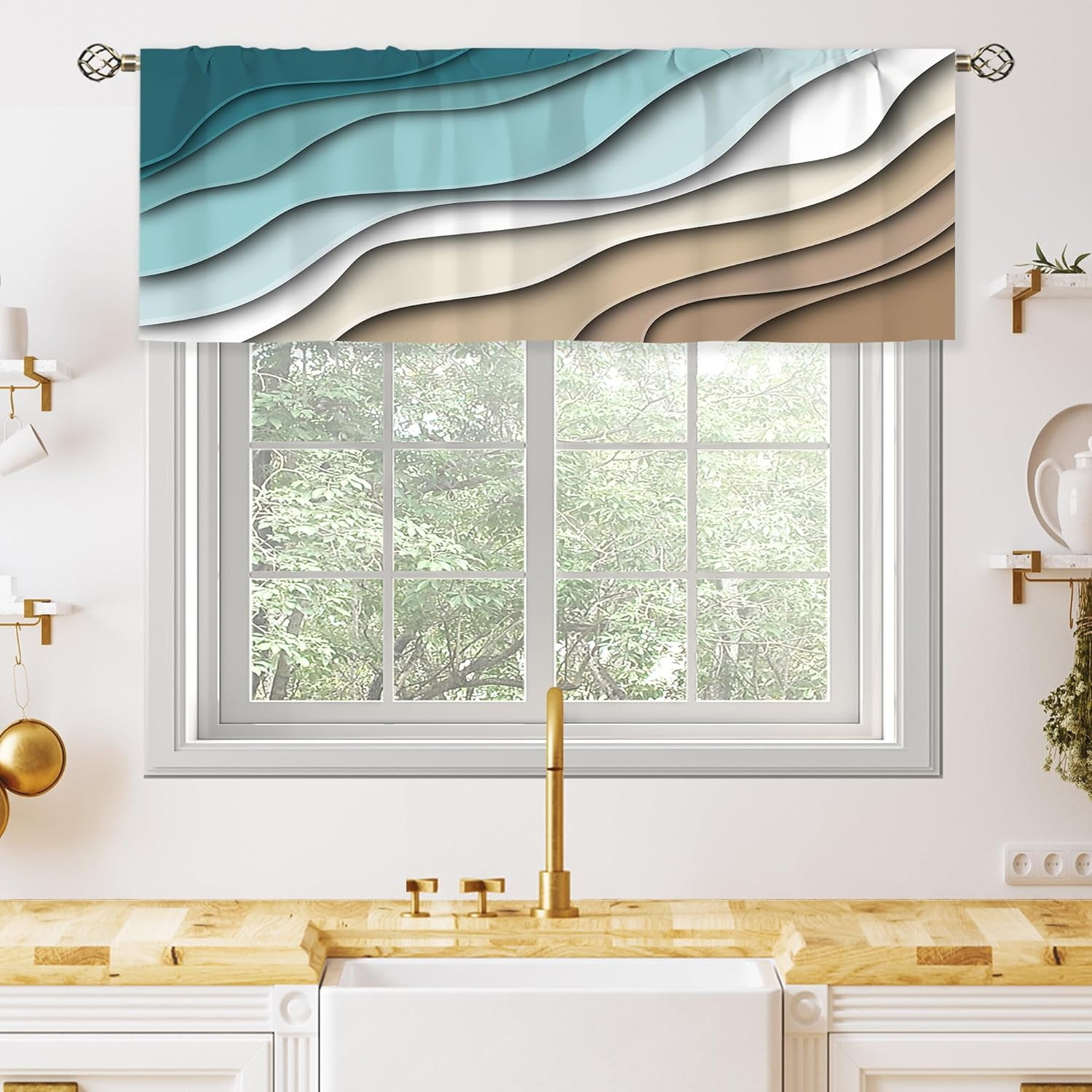 Teal Aqua Blue Ocean Valances Kitchen Curtains Wave Turquoise Geometric ...