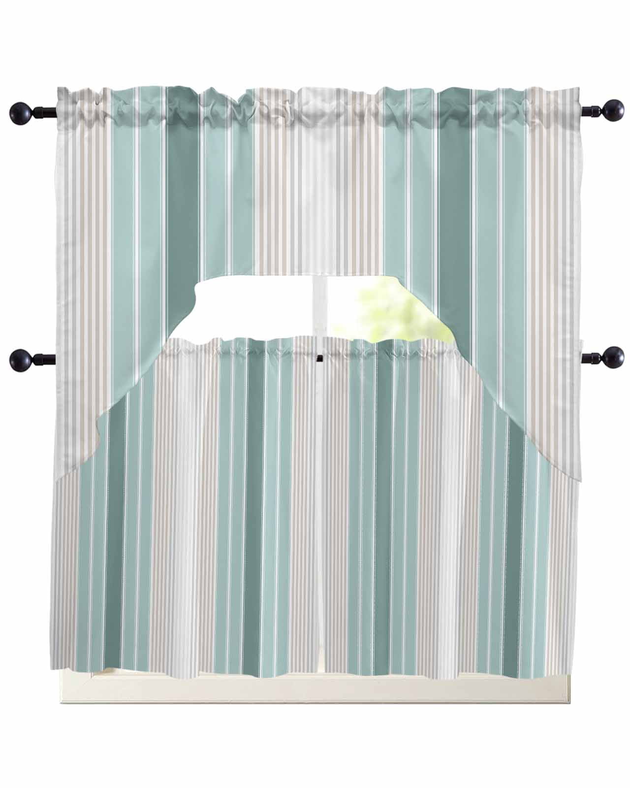 Teal Aqua Stripes Kitchen Curtains Swag Valance and Tier Curtains Set ...