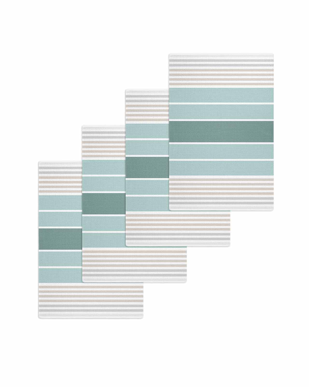 Teal Aqua Stripes Kitchen Dish Towels for Drying Dishes Set of 4, Modern Ombre Abstract ...
