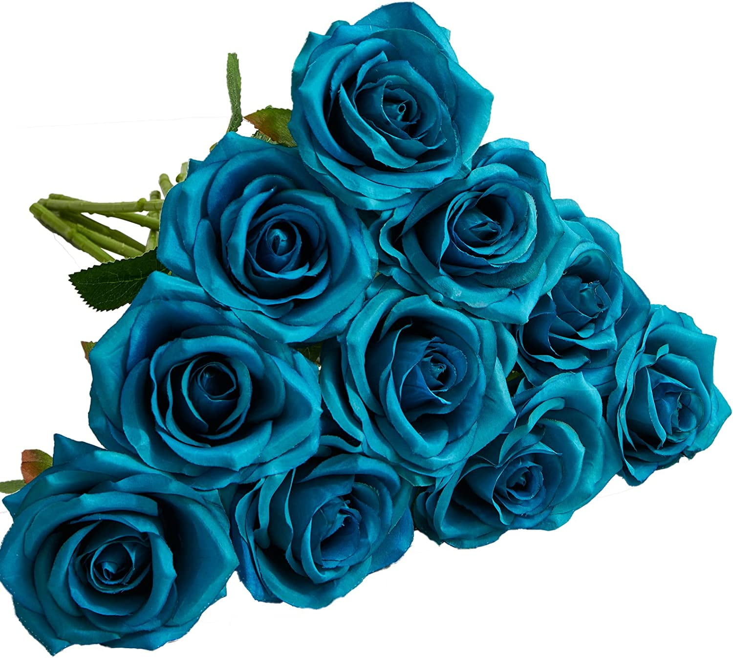 Teal Artificial Rose 10pcs Open Flower Bouquet Faux Rose Stems ...