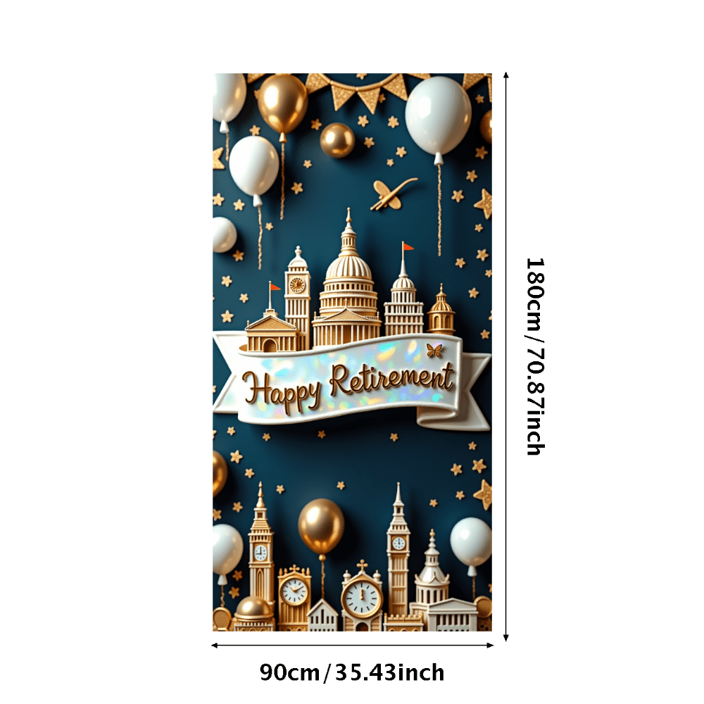 Teal Backdrop Banner with Orange Balloons and Golden Scrolls Happy ...