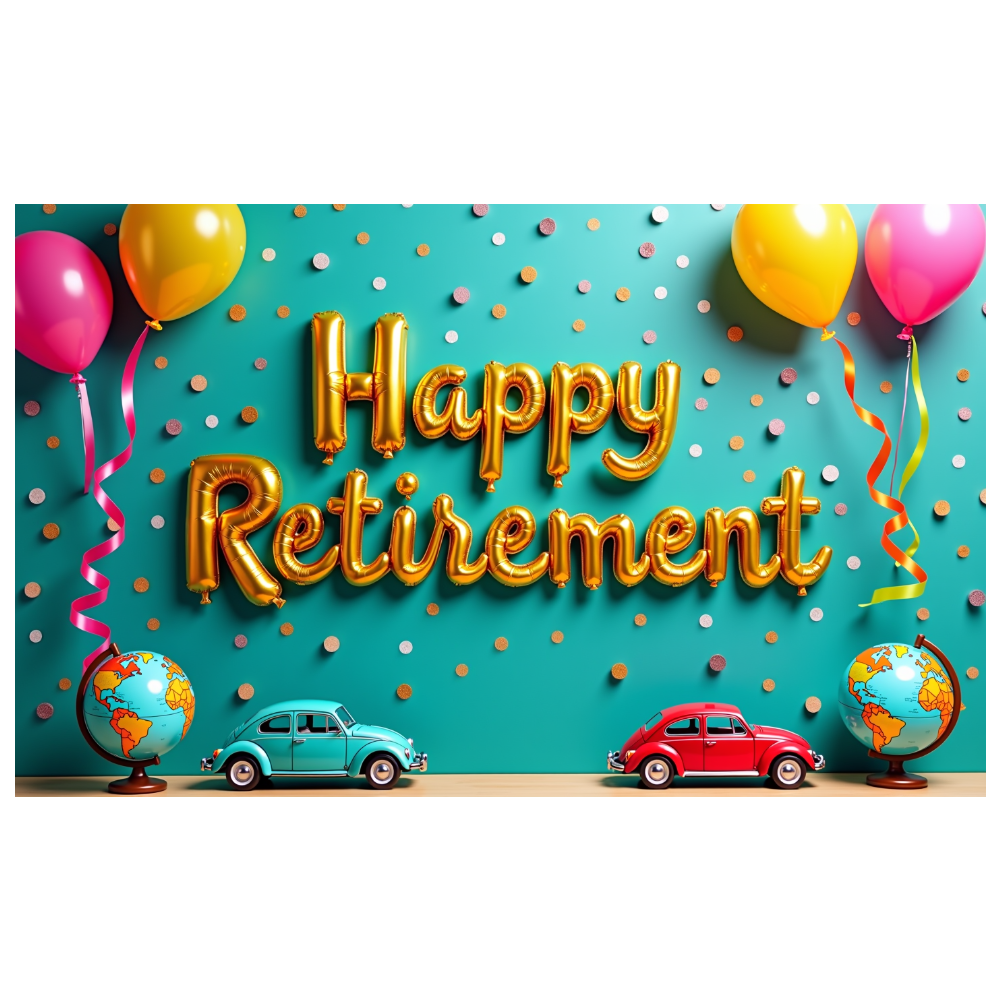 Teal Backdrop Banner with Orange Balloons and Golden Scrolls Happy ...