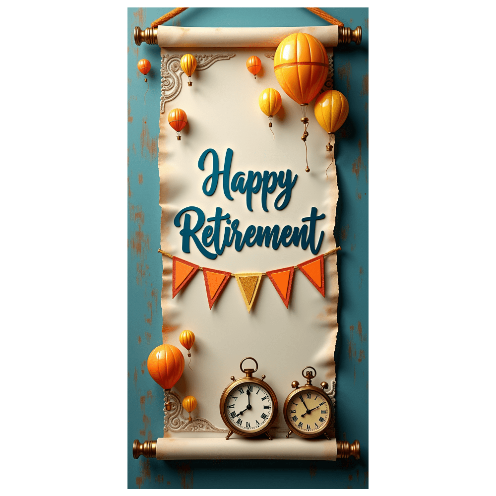 Teal Backdrop Banner with Orange Balloons and Golden Scrolls Happy ...