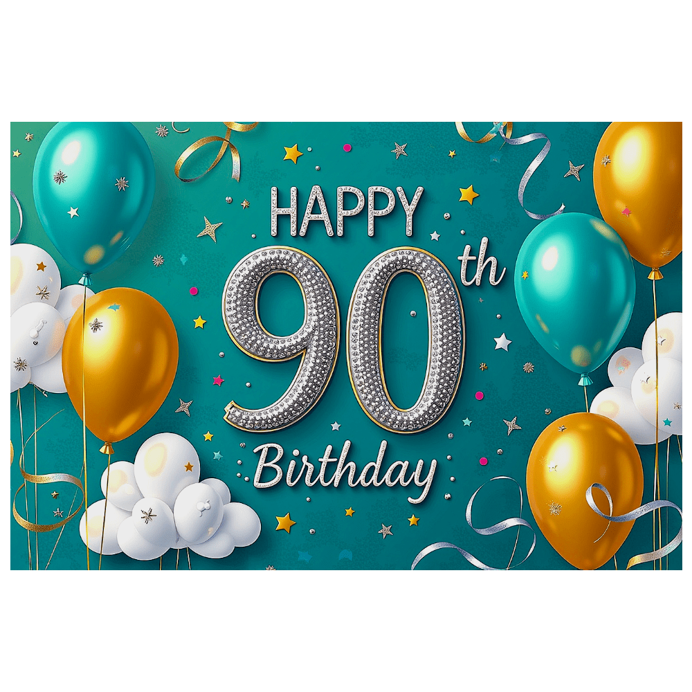 Teal Background Happy 90th Birthday Banner with Glittery Balloons and ...