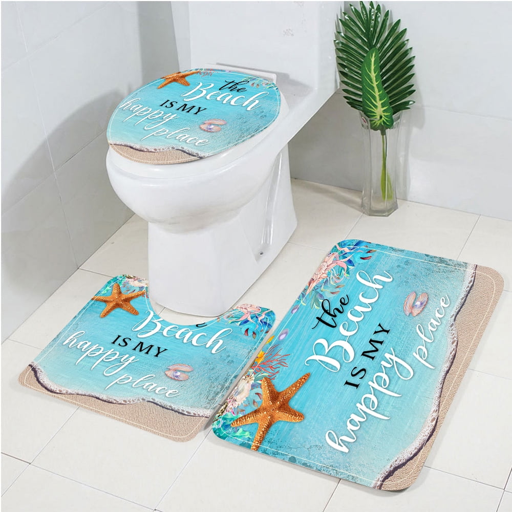 Teal Bath Mat Set, Ocean Beach Theme Starfish Seashell Bathroom Mat Set ...
