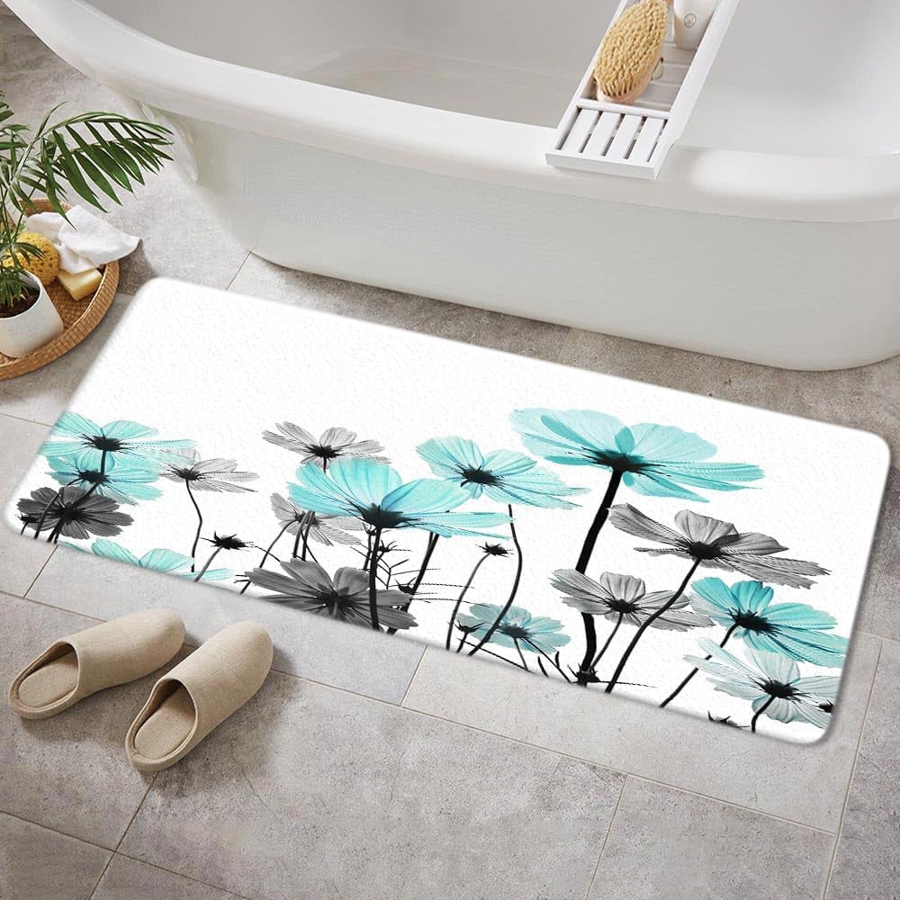 Teal Bath Rugs, Rustic Elegant Floral Turquoise and Gray Daisy Flower ...