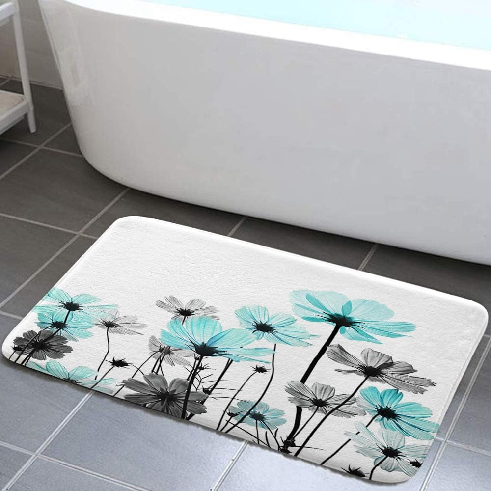 Teal Bath Rugs, Rustic Elegant Floral Turquoise and Gray Daisy Flower ...