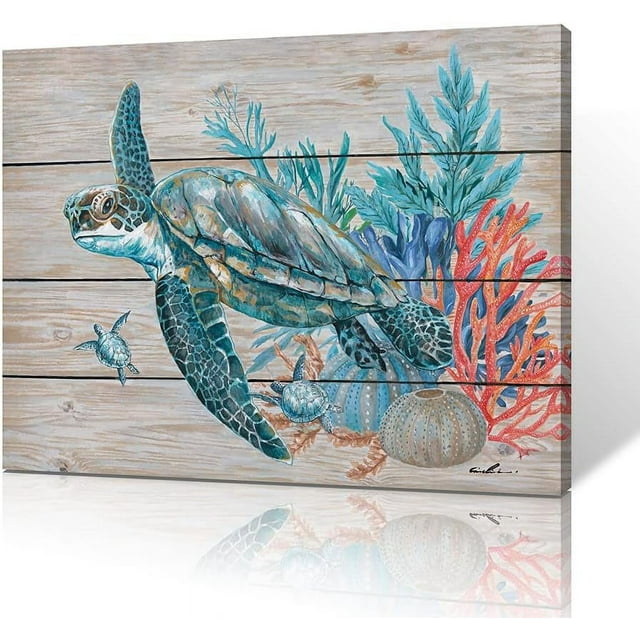 Teal Bathroom Decor Wall Art, Beach Turtle Swim Under the Ocean with ...