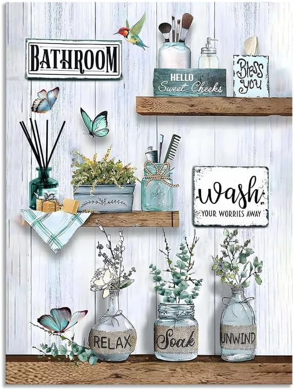 Teal Bathroom Wall Art Rustic Flower Bathroom Wall Decor Farmhouse ...