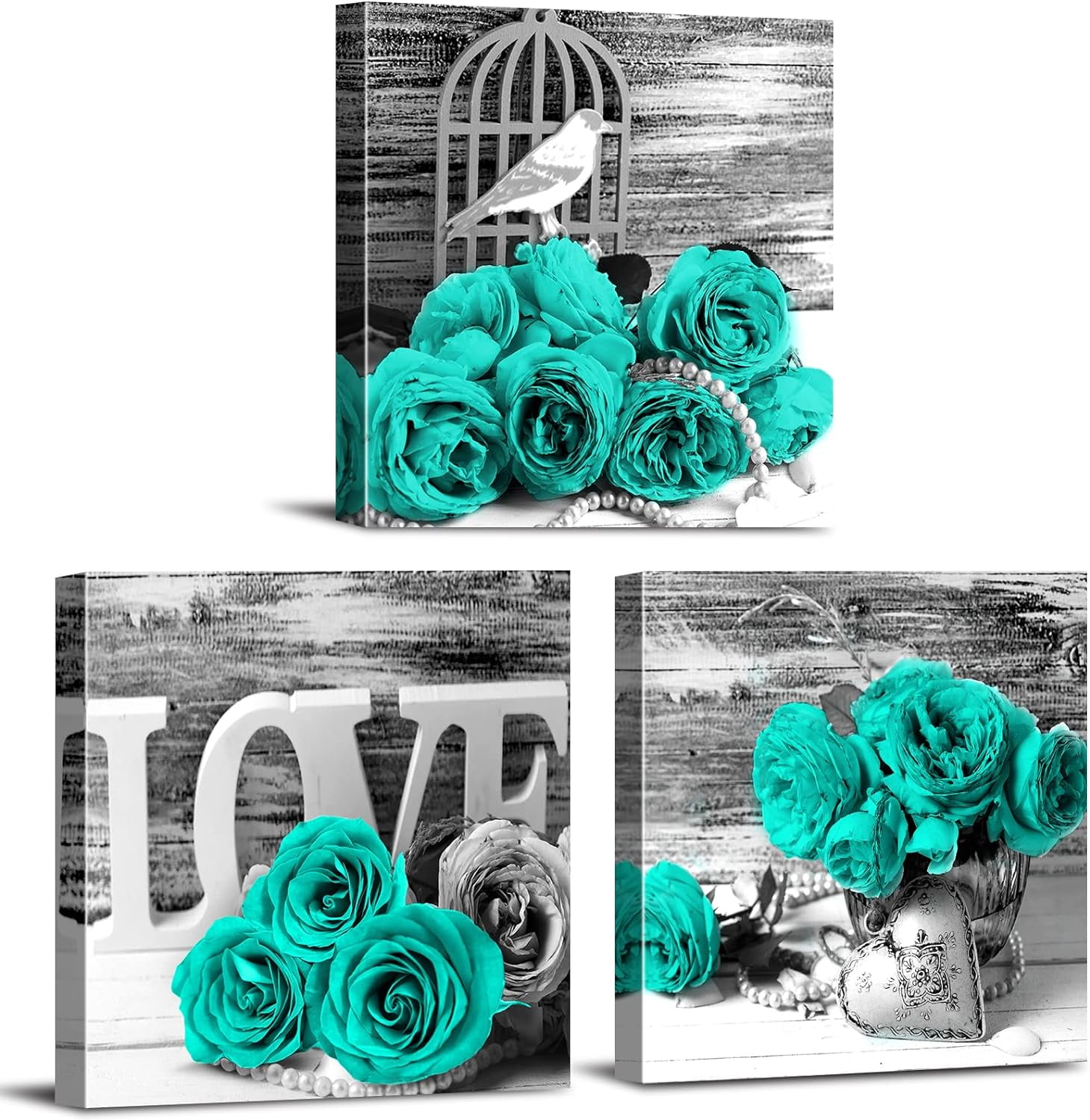 Teal Bathroom Wall Decor Turquoise Rose Wall Art Rustic Farmhouse ...