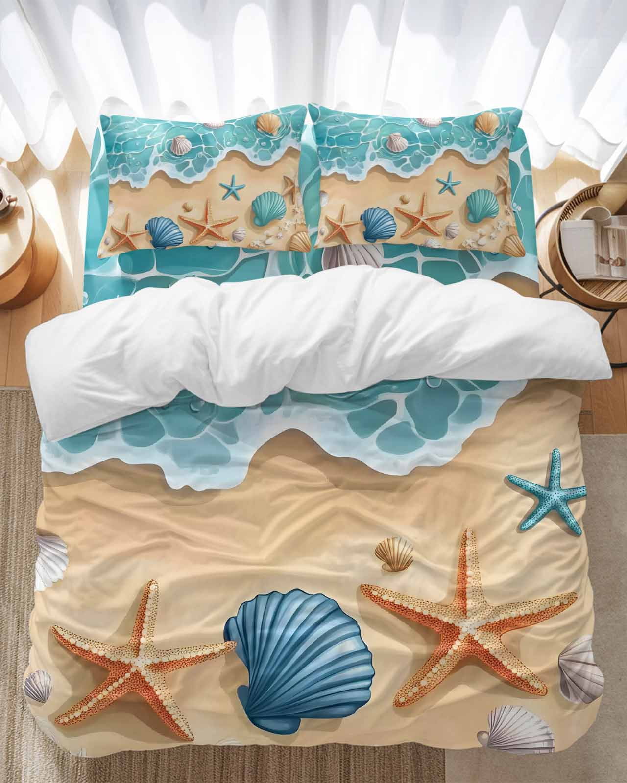 Teal Beach Bedding Duvet Cover Set King Size 4 Pieces Water Ripped ...